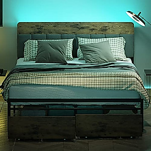 LIKIMIO Full Bed Frame with Storage Headboard, Drawers, LED Light, Charging Station, Sturdy, Noiseless, No Need Box Spring, Easy to Assemble