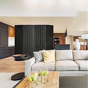 Folding Room Screen Divider Hand-Woven Design Room Divider 6ft High Fiber Free-Standing Privacy Screen Suitable for Living Room and Study (Black, 4 Panels)