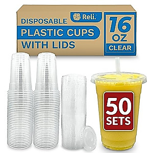 Reli. Plastic Cups with Lids, 16 oz (50 Sets) | Clear Plastic Cups with Lids | 16 oz Plastic Disposable Cups for Party, Coffee, Smoothies, To Go (16 ounce)