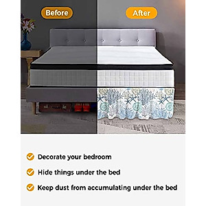 Coral Shell Starfish Bed Skirt Queen Size 18 Inch Drop, Adjustable & Elastic Wrap Around Bed Skirts Pleated Luxury Dust Ruffles for Twin Full Queen Cal King Base Bed, Summer Beach Ocean Sea Blue