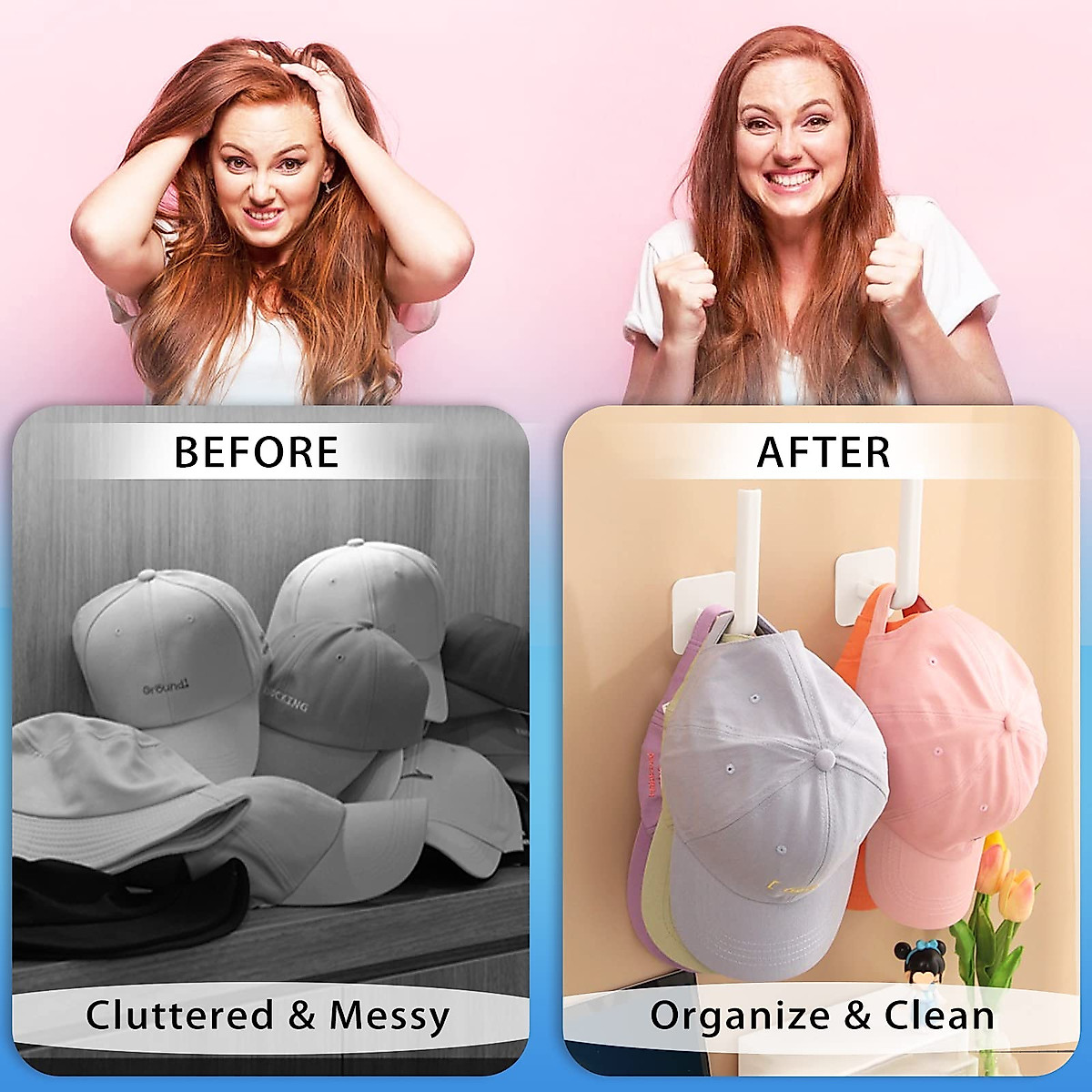 Hat Rack for Wall Organizer (4-Pack), Racks Baseball Caps, Adhesive Hooks Wall, No Drilling Hangers Closet Cowboy Holder Display, Sticky Storage Caps