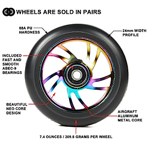 100mm Scooter Wheels - Pro Scooter Wheels 100mm Pair - Neo Oil Slick 100mm Metal Scooter Wheels Replacement - Pro Scooter Wheels 100mm - Bearings Installed - Scooter Wheels for Kids