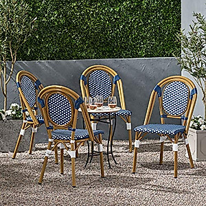 Christopher Knight Home Gwendolyn Outdoor French Bistro Chairs (Set of 4), Blue + White + Bamboo Print Finish