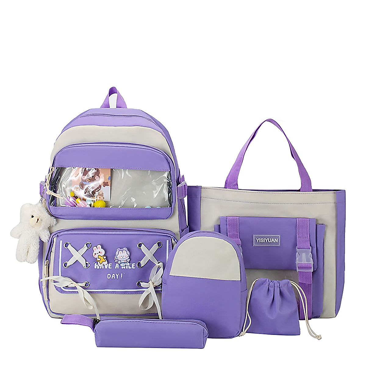 DUOBAOYU 5PCS Kawaii Backpack Set with Cute Pendants and Pins Accessories Aesthetic Rucksack for Teen Girls 17in Cute School Bags Bookbag with Shoulder Bag,Pencil Box,Tote Bag,Small Bag,Purple