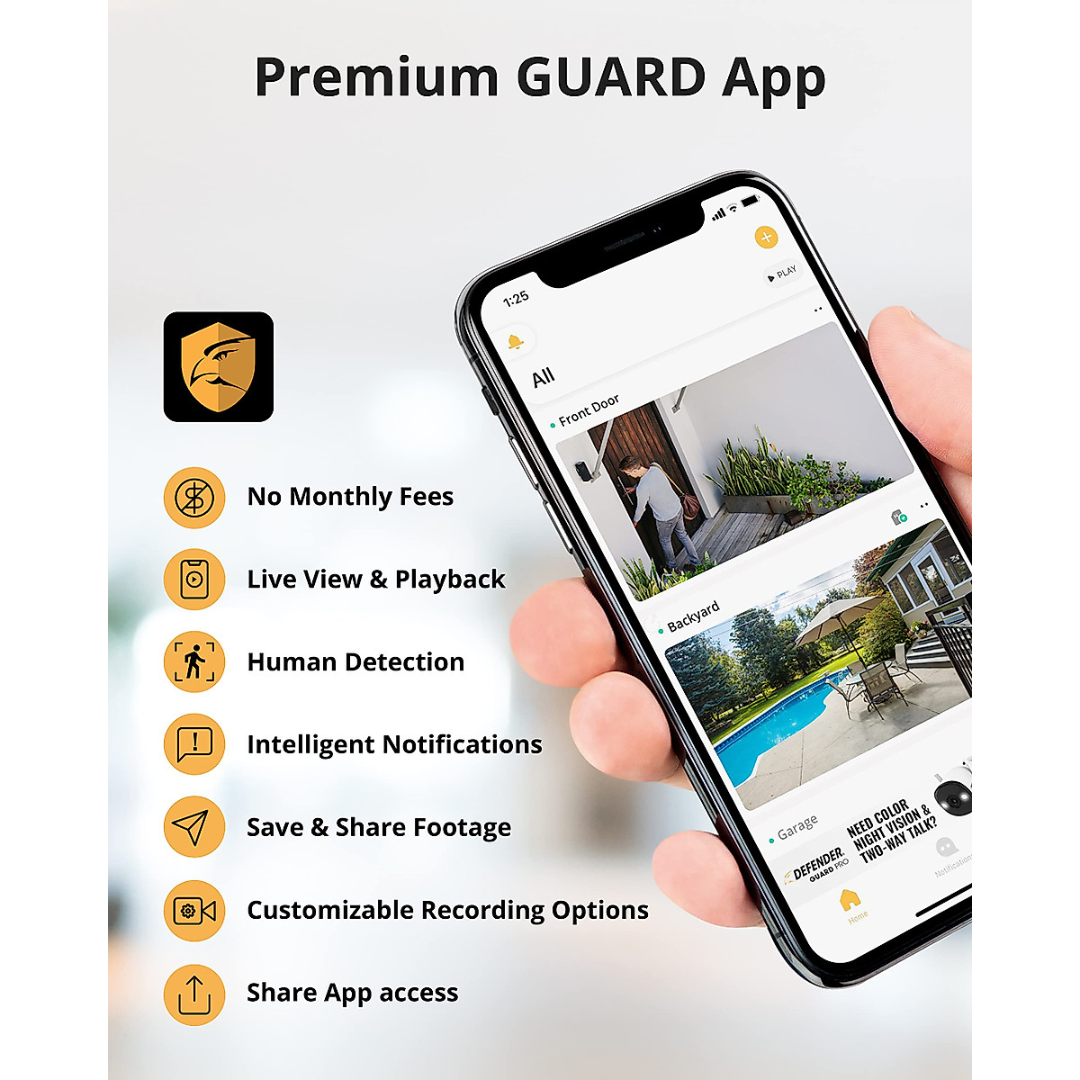 Defender Guard Pro 2K WiFi. Plug-in Security Camera with Color Night Vision, Two-Way Talk, Smart Human Detection, Spotlight & Siren (1 Camera, 32GB)