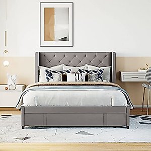 Prohon Upholstered Platform Bed with Wingback Headboard and 1 Big Storage Drawer, Velvet Tufted Bed Frame Queen Size, No Box Spring Needed, Easy to Install, Wooden Slats Support, Grey