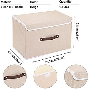 Yawinhe Collapsible Storage Boxes with Lids Fabric Foldable Storage Bins Organizer Containers Baskets with Lid for Home Bedroom Closet Office (Beige, 15.0x9.8x9.8inch/5-Pack)