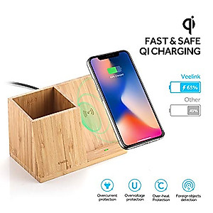 Veelink Bamboo Wireless Charger with Organizer Wood Wireless Charging Station iPhone SE 2020/11/Xs MAX/XR/XS/X/8/8, Samsung S20/S10/S9/S8/Note 10(Standard)