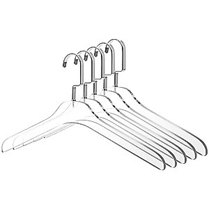 Quality Clear Acrylic Lucite Coat Suit Hangers, Stylish Clothes Hanger with Silver Hook - Coat Hanger for Dress, Suit - Closet Organizer Adult Hangers Gloss Silver Chrome 5 Pcs