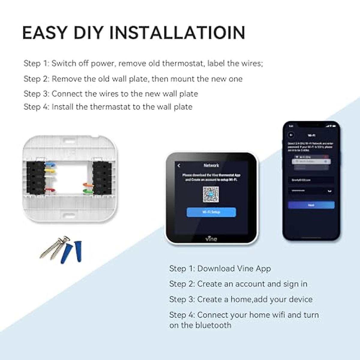 vine Smart Thermostat Larger Color Screen Thermostats for Home Heat and AC, 7 Day Programmable WiFi Thermostat App Control Compatible with Alexa and Google Assistant, C-Wire Required