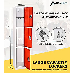 AdirOffice Large School Locker with 3 Doors 3 Hooks Storage Locker - Metal Storage Locker Cabinet Ideal for School, Garage, Office Lockers - (3 Door, Red)