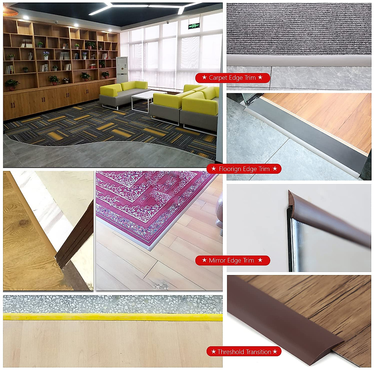 DAILISEN 9.84ft Vinyl Self Adhesive Overlap Threshold Reducer,Flooring Tile Laminate Border Transition Strip,Flat Carpet Rug Edging Strips, Fluted Saddle,Flexible Molding Trim,Stair Edging