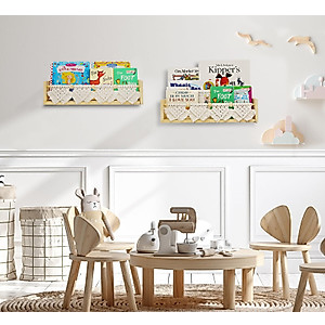 Boho Floating Shelves for Wall 2 Pack, Macrame Kids Bookshelf for Nursery Toddler Bedroom Classroom, Wood Hanging Book Shelf Storage Organizer for Room Decor