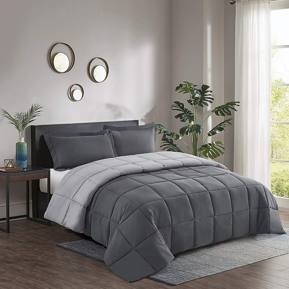HIG 3pc Grey Queen Size Comforter Set - All Season Reversible Down Alternative Comforter with Two Shams - Quilted Duvet Insert with Corner Tabs - Box Stitched Blanket - Breathable, Soft