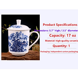 XIYUAN Fine Handmade Ceramics Tea Cup with Lid,(Landscape pattern) Chinese Jingdezhen Blue and White Porcelain Tea Cup Infuser for: Home Party, Office, Reception Room