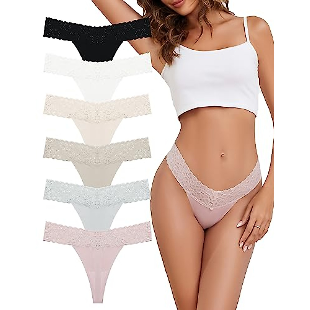 Jaywan Lace Thongs for Women Underwear Breathable Stretch Seamless Lace Thongs T Back Panties for Women 6 Pack S-XL Assorted