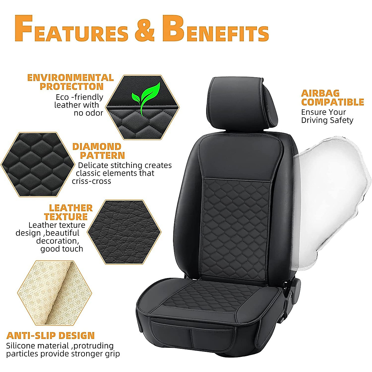 Elantrip 2PCs Front Car Seat Covers Leather Water Proof Seat Protector Universal fit for Most Cars SUVs and Trucks Black