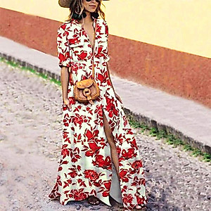 F_Gotal Womens Bohemian Printed Loose Button Stripe Roll Up Sleeve Maxi Dress with Pockets Beach Sundress Party Cocktail