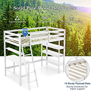 KOMFOTT Twin Loft Bed with Desk & Storage Shelves, Wood Loft Bed Frame for Kids Teens with Bookcase, Ladder, Guardrail, No Box Spring Needed, Space-Saving Loft Bed for Dorm, Apartment