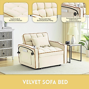 3 in 1 Sleeper Sofa Chair Bed,Velvet Convertible Sleeper Chair Bed,Pull Out Bed Chair With USB Port & Ashtray and Swivel Phone Stand & Storage Pockets,Modern Chair Sleeper Bed for Living Room