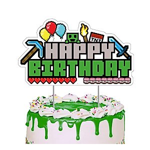 Party Hive 8-Bit Pixel Miner Cake Topper for Kids Happy Birthday Party Event Mining Video Game Craft Decoration