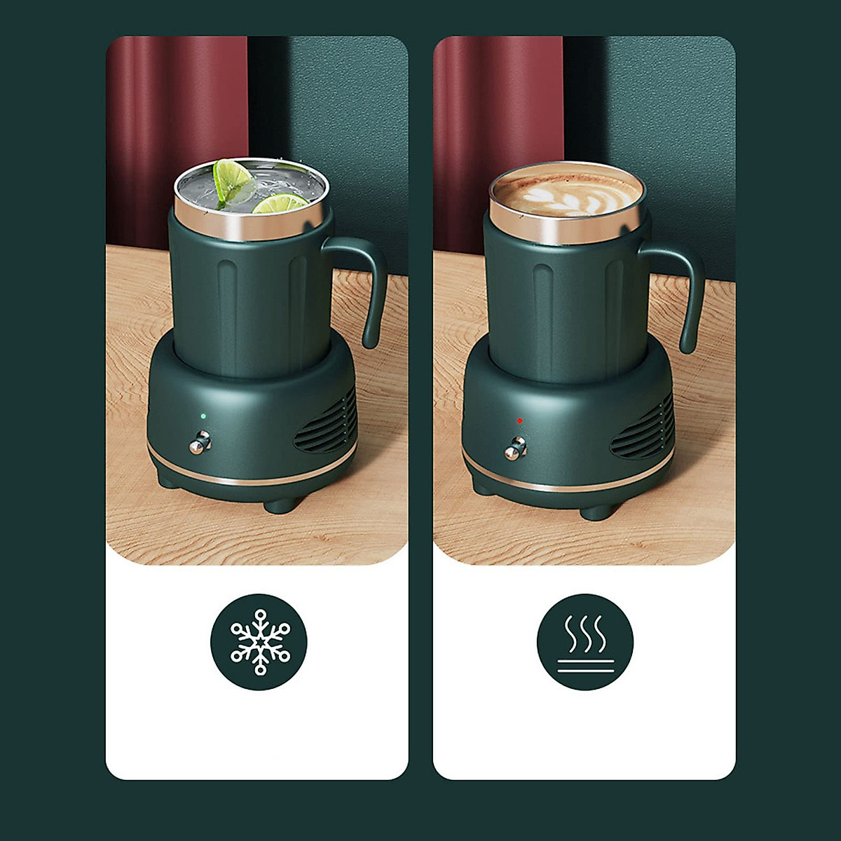 Coffee Mug Warmer and Cooler, 2 in 1 Beverag Fast Cooling Heating Coffee Mug Electric Drink Cooler Warmer Cup with Curved Handle Nonslip Pads, Coffee Cup Warmer for Coffee Milk Tea (Green)