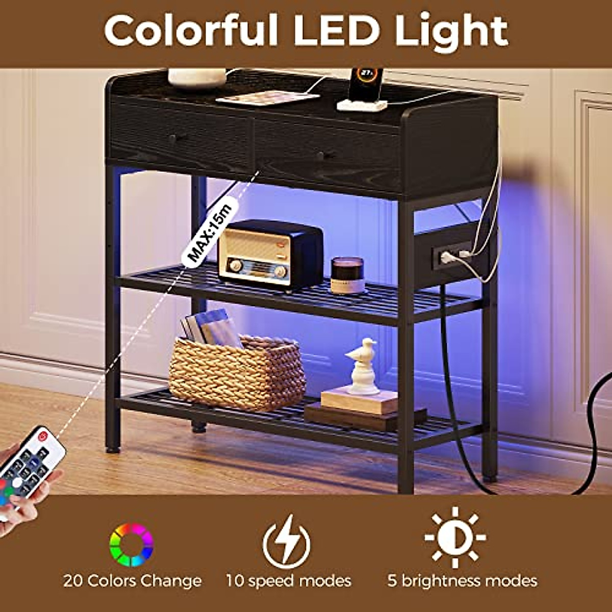 Rolanstar Entryway Table with Drawers,31.5” Entry Hallway Table with Charging Station Metal Storage Shelves,3-Tier Console Sofa Table Entry Stand with LED Lights for Couch, Entrance, Living Room