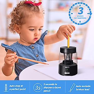 Minify Pencil Sharpener Electric Pencil Sharpener Heavy Duty Blade Rechargeable Battery Powered Pencil Sharpeners for 6-8mm Colored Pencils Auto Stop Fast Sharpen in 3s (Black)