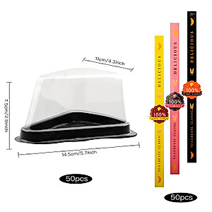 50 Pack Cake Slice Containers, Clear Plastic Cheesecake Containers Disposable Take Out Containers Individual Single Cupcake Cake Pie Slice Boxes with Lids & Stickers for Pies Snack Dessert (Black)