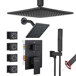 VANFOXLE Shower Faucet Set Matte Black Shower System,Four Modes Shower Faucet with 2 in 1 Handheld,Ceiling Mount 10 Inch Shower Head with 6 Inch Shower Head, 4 PCS Dual Modes Body Jets