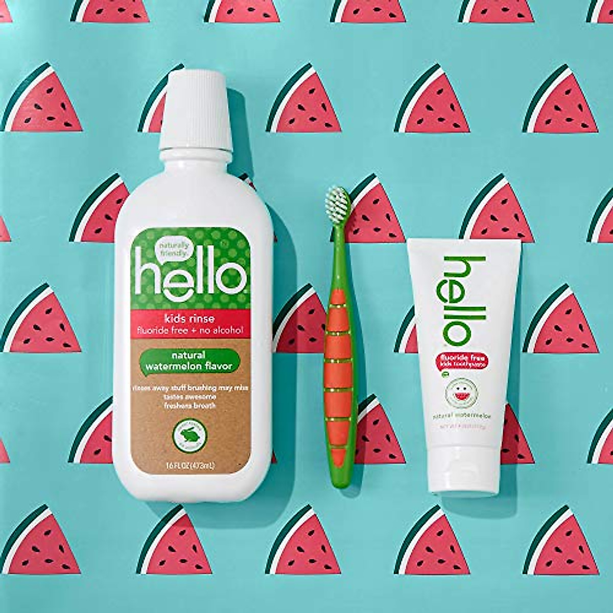 Hello Natural Watermelon Flavor Kids Fluoride Free Toothpaste and Mouthwash, Vegan, Alcohol Free, SLS Free, Gluten Free, 4.2 Ounce Toothpaste Tubes (Pack of 2), 16 Fl Oz Mouthwash Bottle