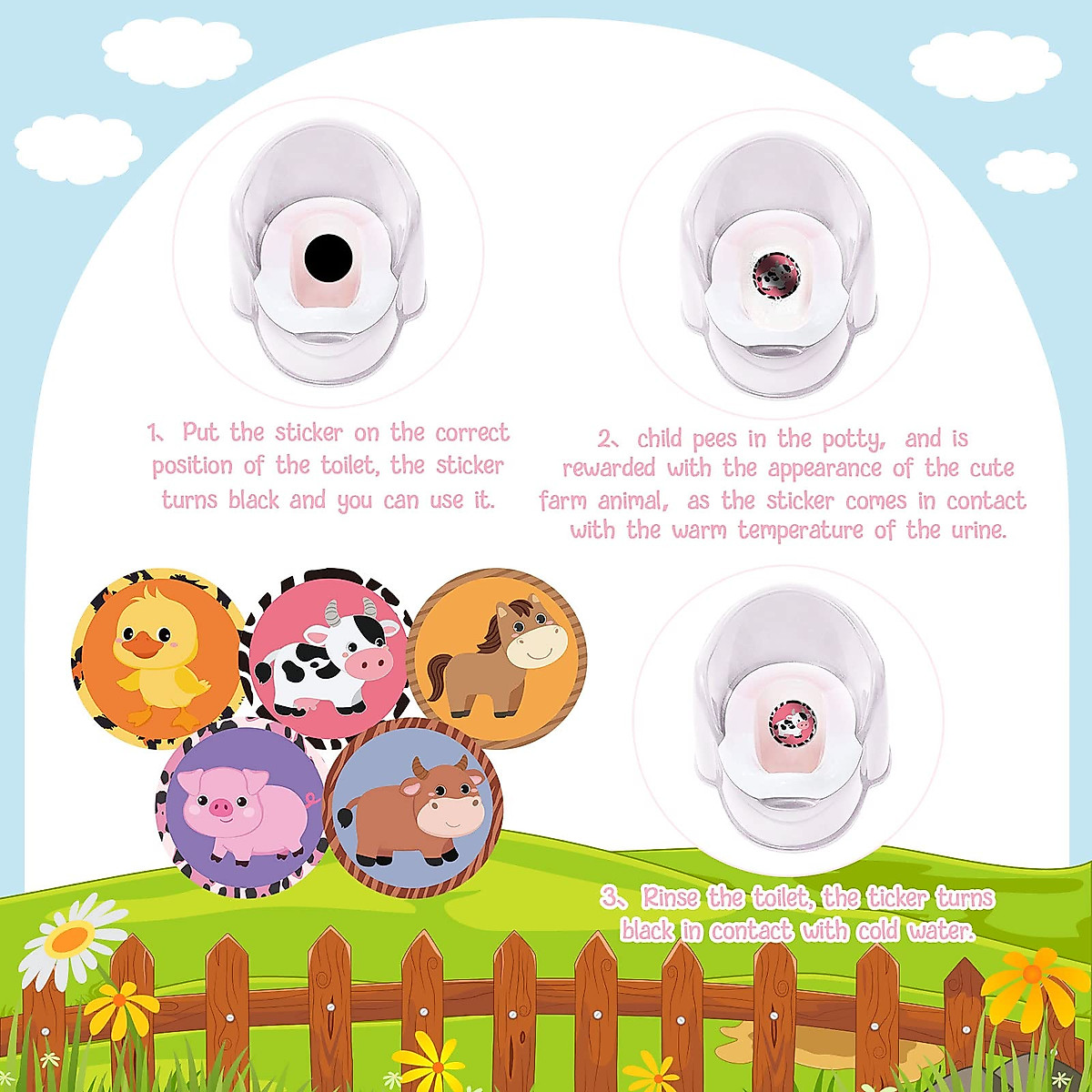 20 Pcs Farm Animal Potty Training Stickers Dinosaur Truck Toddler Pee Training Toilet Color Changing Sticker Targets for Boys Girls Kids Toilet Reusable Pee Aim Target (Farm Animal)