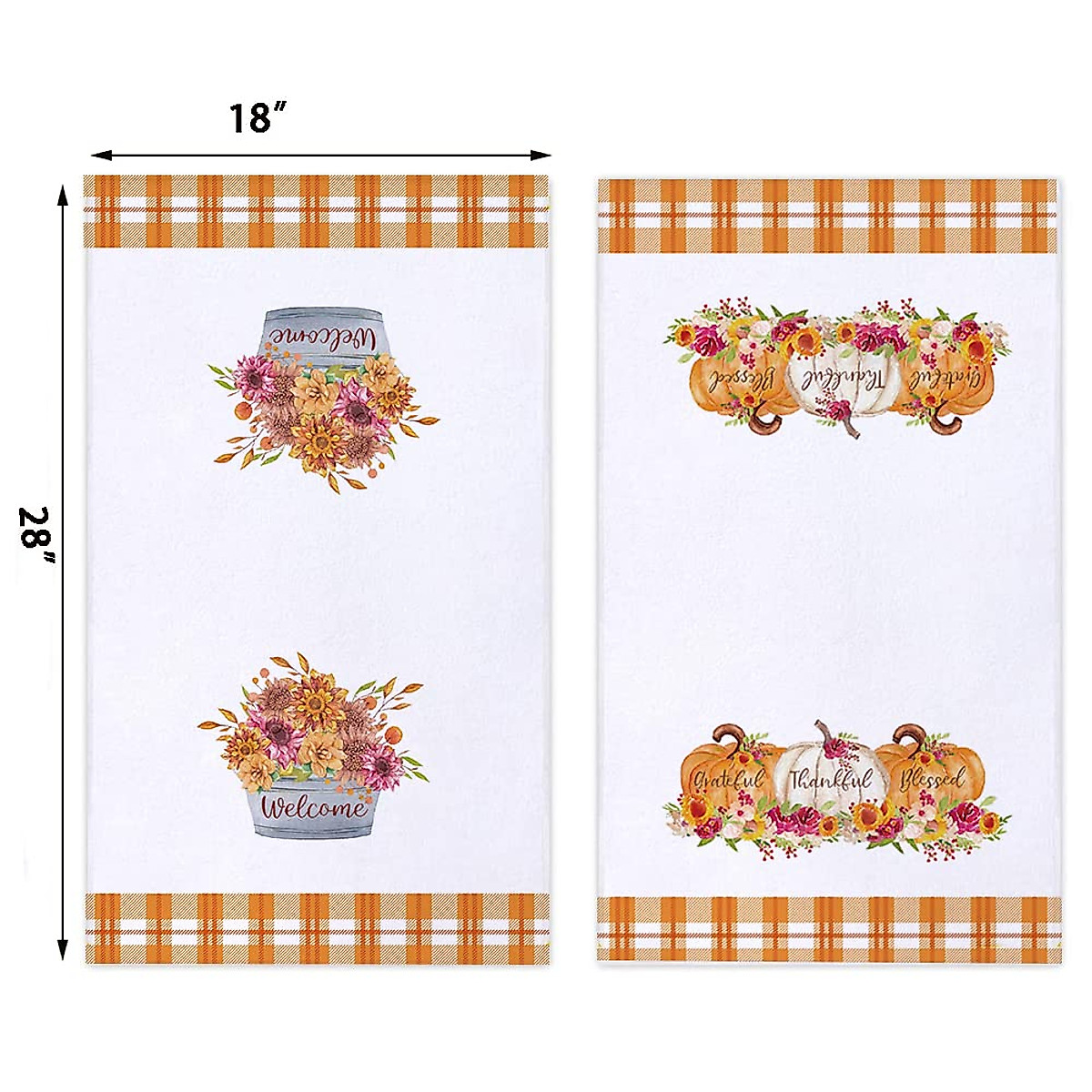 Buffalo Plaid Fall Pumpkin Autumn Flowers Kitchen Dish Towel 18 x 28 Inch Set of 2, Harvest Thanksgiving Holiday Tea Towels Dish Cloth for Cooking Baking