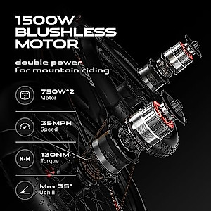 EDIKANI Electric Mountain Bike 26'' Dual Motor 1500W 48V 18A Ebike for Adult, 35mph 32 Mileage Pedal Assist 70 Miles Electric Moped, 35° Uphill Hydraulic Brake Fat Tire E Bicycles for Hilly Terrain