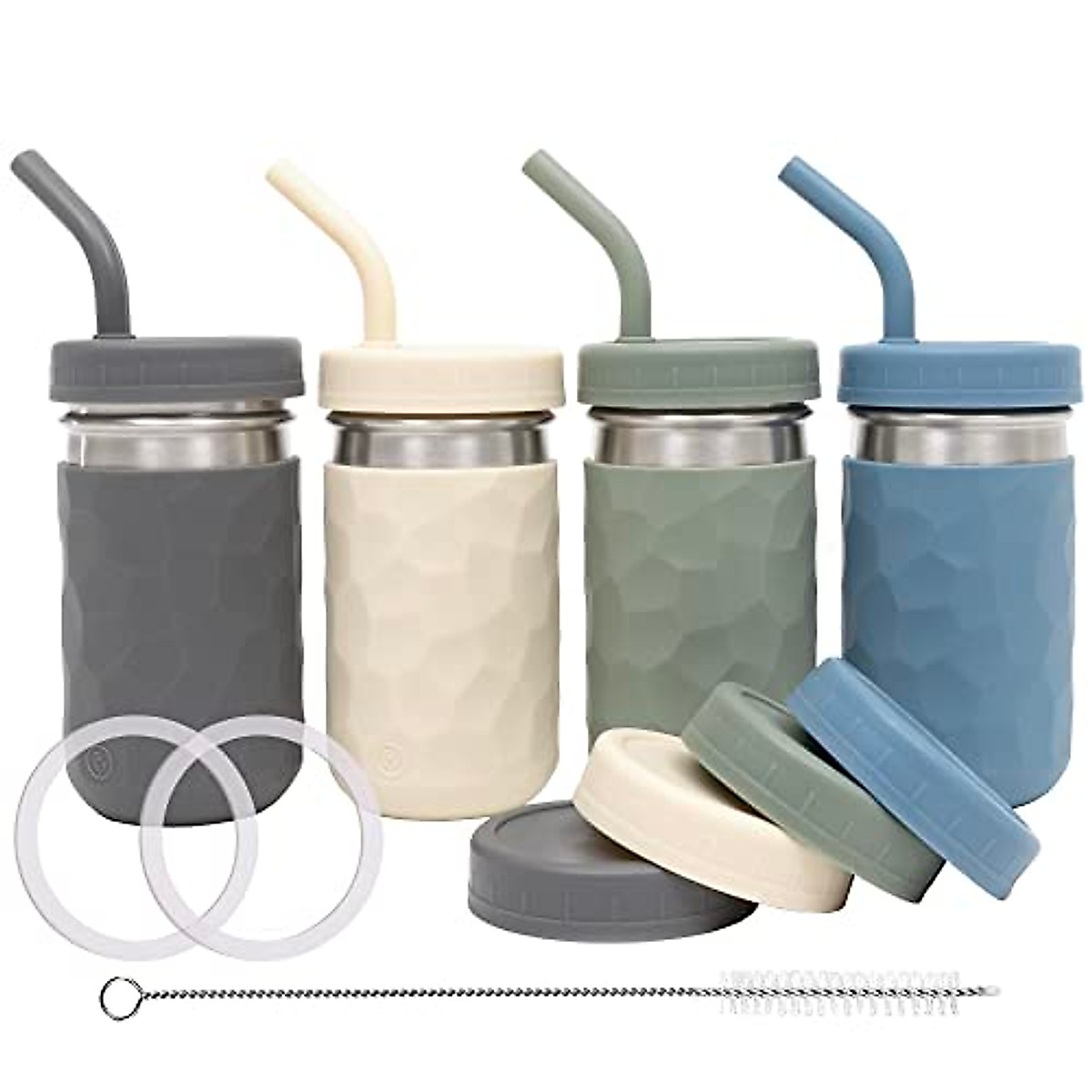 WeeSprout 2-in-1 Drinking Cups for Kids, Durable 304 Stainless Steel Cups, Silicone Straws with Straw Stoppers, Premium Hard Plastic Twist Lids, Easy-Grip Sleeves, Set of 4 Dishwasher Safe Kid Cups