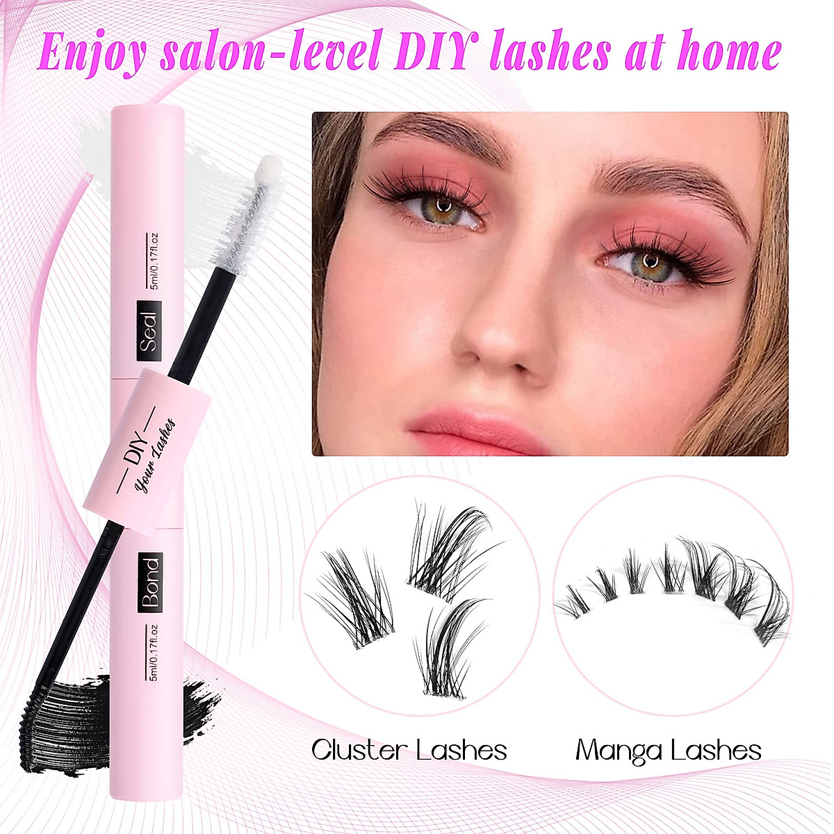 ALICE Lash Bond and Seal, Cluster Lashes Glue for DIY Eyelash Extensions, Individual Lash Glue Super Strong Hold Latex Free Waterproof Adhesive Eyelash Extension Glue (5ml×2)