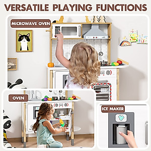 TINYSURE Play Kitchen Set for Kids - Sound and Light Effect Wooden Toy Kitchen Playset with 19 Pcs Toy Food and Cookware Accessories, and Abundant Fun Play Features for Toddlers, Girls, Boys