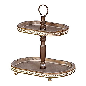 FESTWIND Oval Tiered Tray, Beaded Rustic Tiered Tray, Two Tiered Tray Stand for Kitchen Counter, Farmhouse Decorative Trays for Home Decor Distressed Brown