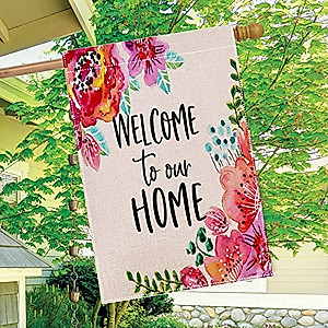 HUGSVIK Burlap Welcome House Flags 28 x 40, Double-sided Welcome to Our Home Garden Flags for Outside, Flower Spring Garden Flags Yard Flags for Spring Summer Holiday Garden Backyard Lawn