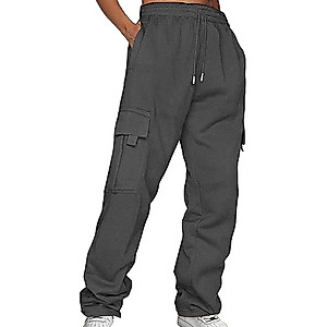 Womens High Waisted Cargo Pants with Drawstring Athletic Workout Fleece Sweatpants Combat Military Trousers Wide Leg Casual Pants 4 Pockets Dark Gray