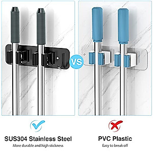 Mop Broom Holder Wall Mounted SUS304 Stainless Steel, HOMEASY Mop Broom Organizer with 2 Installation Methods (No Drilling & Screw Drilling Installation 2 In 1), Mop Hanger Heavy Duty with Hooks, 2PCS