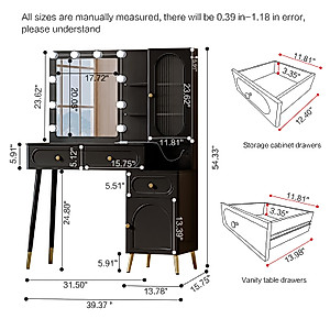 YYJ Vanity Desk with Mirror and Lights,Modern High Capacity Makeup Vanity with 3 Drawers,Makeup Table with Power Outlet and 10 Lights,Writing Desk for Bedroom,Makeup Room, Black