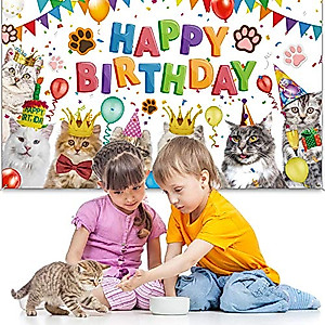 Cat Happy Birthday Backdrop Kitten Photography Background Pet Paw Cat Theme Party Photo Backdrop Birthday Party Decorations for Cat Owner Children Kids Cake Table Decorations