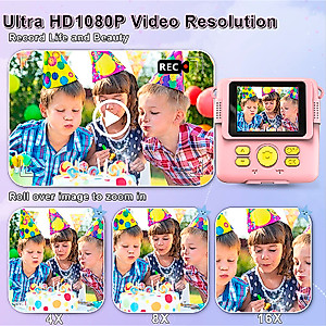 GKTZ Instant Print Camera for Kids - 1080P HD Instant Print Photo - Christmas Birthday Gifts for Age 4 5 6 7 8 9 10 Girls Boys - Portable Toy with 3 Rolls Photo Paper, 5 Color Pens, 32GB Card - Pink