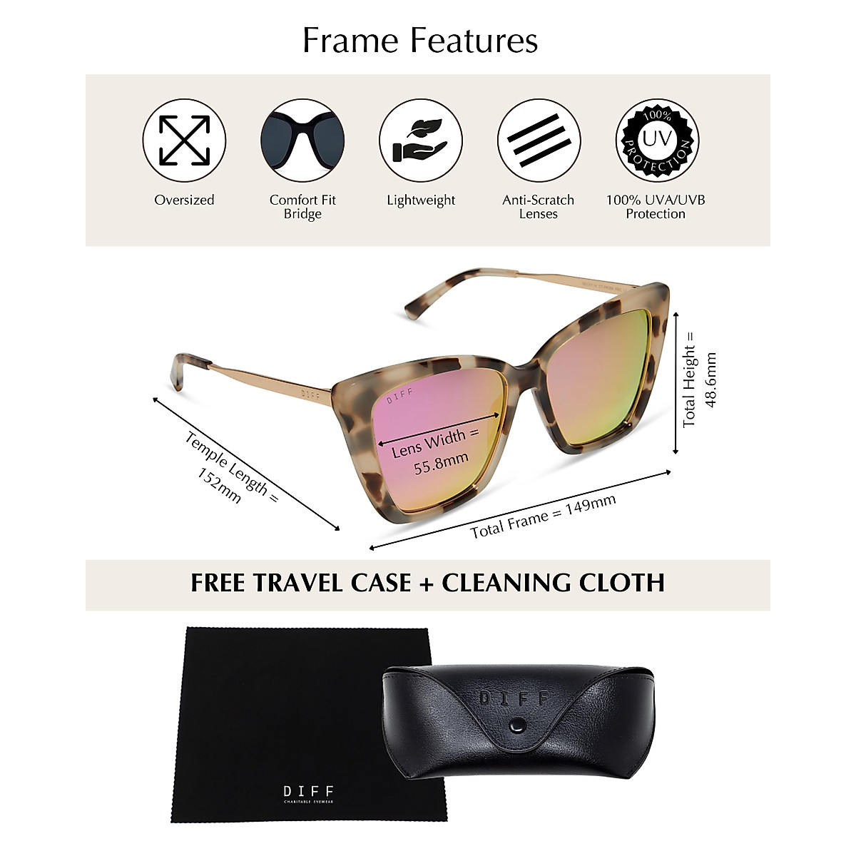DIFF Becky II Designer Cat Eye Sunglasses for Women UV400 Protection, Cream Tortoise + Pink Mirror