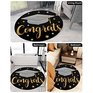 Graduation Cap Fluffy Round Area Rug Carpets 3ft, Plush Shaggy Carpet Soft Circular Rugs, Non-Slip Fuzzy Accent Floor Mat for Living Room Bedroom Nursery Home Decor Star Black Gold Grey