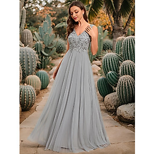 Ever-Pretty Women's Flowy Appliques V Neck A Line Sleeveless Tulle Pleated Evening Gowns Gray US8