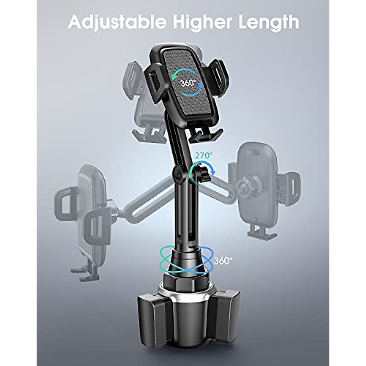 FEGO Cup Phone Holder for Car, [Height Adjustable Pole], Never Shake & Bumpy Roads Friendly Car Phone Holder Mount, Hands-Free Cup Holder Phone Mount Compatible with iPhone Samsung and All Cell Phones