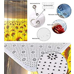 VividHome 4Pcs Sunflowers Shower Curtain Sets with Non-Slip Rugs Toilet Lid Cover and Bath Mat Yellow Floral in The Sunset Landscape Shower Curtains with 12 Hooks Waterproof Bathroom Accessories Set
