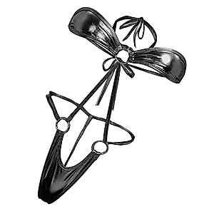 Yevin Sexy Latex Wet Look Lingerie for Women One Piece Exoctic Dancer Wear Black